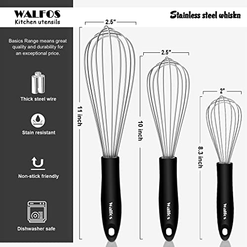 Stainless Steel Wire Whisk Set - 3 Packs Balloon Whisk, Thick Wire Wisk ＆ Strong Handles, Egg Frother for Cooking, Blending, Whisking, Beating and Stirring (8.5"+10"+11")