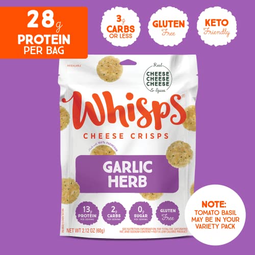 Whisps Cheese Crisps - Parmesan, Asiago, Tomato Basil, BBQ, & Cheddar Cheese Snacks, Keto Snacks, 21-29g of Protein Per Bag, Low Carb, Gluten & Sugar Free, Great Tasting Healthy Snack, All Natural Cheese Crisps - Variety, 2.12 Oz (Pack of 5)