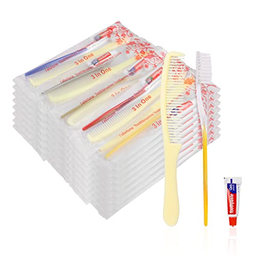 fafortune 20pcs Disposable Toothbrushes with Toothpaste and Comb for Homeless Individually Wrapped-Suitable for Hotel,Air Bnb,Shelter/Homeless/Nursing Home/Charity（20 pcs）