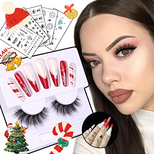 Press on Nails and Lashes Kit, ALPHONSE 24Pcs Long Coffin Fake Nails with Tattoo, Fluffy Wispy Lashes Natural Look False Eyelashes Pack