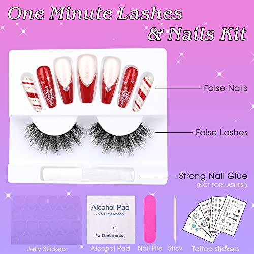 Press on Nails and Lashes Kit, ALPHONSE 24Pcs Long Coffin Fake Nails with Tattoo, Fluffy Wispy Lashes Natural Look False Eyelashes Pack