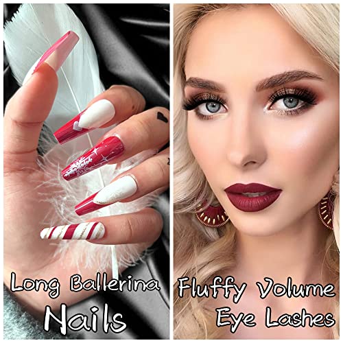 Press on Nails and Lashes Kit, ALPHONSE 24Pcs Long Coffin Fake Nails with Tattoo, Fluffy Wispy Lashes Natural Look False Eyelashes Pack