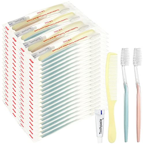 Disposable Toothbrushes with Toothpaste and Comb 3 in One Individually Wrapped 2 Colors Travel Toothbrushes Bulk for Hotels Homestays Charities Shelters Nursing Homes Homeless (60)