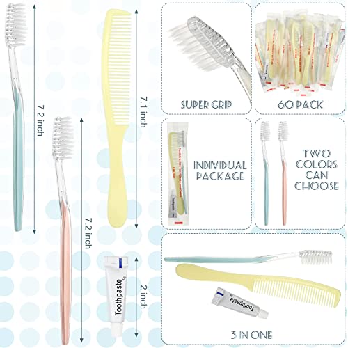 Disposable Toothbrushes with Toothpaste and Comb 3 in One Individually Wrapped 2 Colors Travel Toothbrushes Bulk for Hotels Homestays Charities Shelters Nursing Homes Homeless (60)