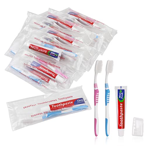 Disposable Toothbrushes with Toothpaste Individually Wrapped, Travel Kit whit Plastic Zip Bag,Toothbrush Head Cover, Bulk Toothbrush for Homeless,Travel,Shelter,Air Bnb,Hotel,Guest Apartment(20)