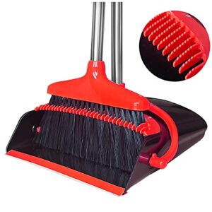 broom and dustpan set(51″ long), adjustable length stainless steel broomstick, sstanding dustpan and broom for office, home kitchen, lobby floor use (red and black)