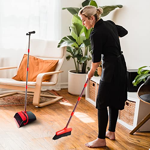 Broom and Dustpan Set(51" Long), Adjustable Length Stainless Steel Broomstick, Sstanding Dustpan and Broom for Office, Home Kitchen, Lobby Floor use (Red and Black)