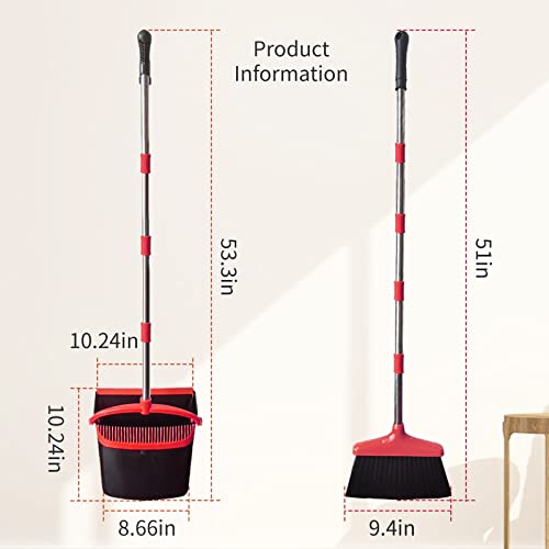 Broom and Dustpan Set(51" Long), Adjustable Length Stainless Steel Broomstick, Sstanding Dustpan and Broom for Office, Home Kitchen, Lobby Floor use (Red and Black)