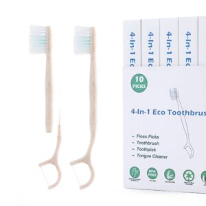 heinenand travel toothbrushes, 4 in 1 biodegradable disposable toothbrush with floss toothpick tongue scraper, eco-friendly individually wrapped toothbrush for travel office and school (10 pack)