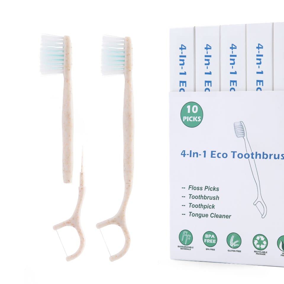 HEINENAND Travel Toothbrushes, 4 in 1 Biodegradable Disposable Toothbrush with Floss Toothpick Tongue Scraper, Eco-Friendly Individually Wrapped Toothbrush for Travel Office and School (10 Pack)