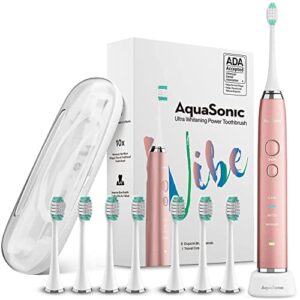 aquasonic vibe series ultra whitening toothbrush – ada accepted power toothbrush – 8 brush heads & travel case – 40,000 vpm motor & wireless charging – 4 modes w smart timer – satin rose gold