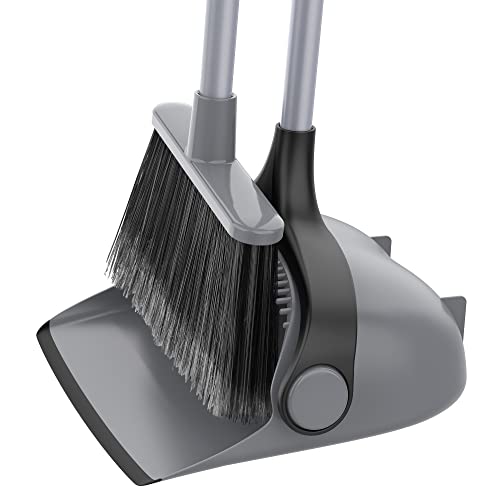 MR.SIGA Broom and Dustpan Set with Long Handle, Upright Broom and Dustpan Combo for Floor Cleaning, Lobby Broom with Adjustable Handle, Gray