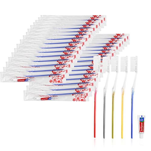 Travel Toothbrushes Kit,30Pcs Travel Toothbrush Set Disposable Toothbrushes with Toothpaste for Nursing Home,Hotel,Charity(Individually Wrapped)