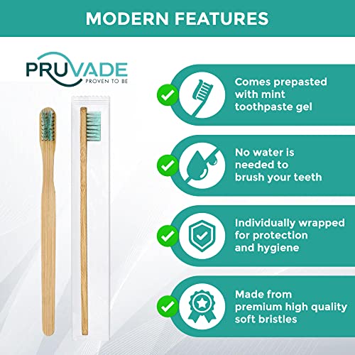 Pruvade 36 Pack Disposable Bamboo Toothbrushes with Toothpaste Built in - Prepasted Toothbrushes Individually Wrapped - Single Use Waterless Tooth Brush with Soft Bristles for Airbnb, Camping, Travel