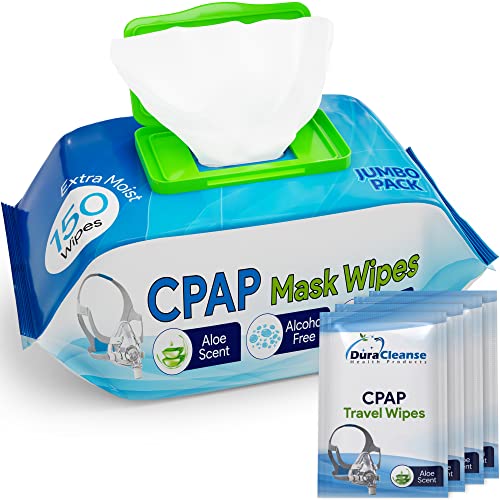 DuraCleanse CPAP Wipes - 150 Count Jumbo Pack + 4 Travel Mask Wipes - Extra Large, Extra Moist Cleaning CPAP Wipes for Mask, CPAP Machine & Supplies - Skin Safe with Aloe Vera