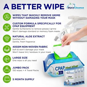 DuraCleanse CPAP Wipes - 150 Count Jumbo Pack + 4 Travel Mask Wipes - Extra Large, Extra Moist Cleaning CPAP Wipes for Mask, CPAP Machine & Supplies - Skin Safe with Aloe Vera