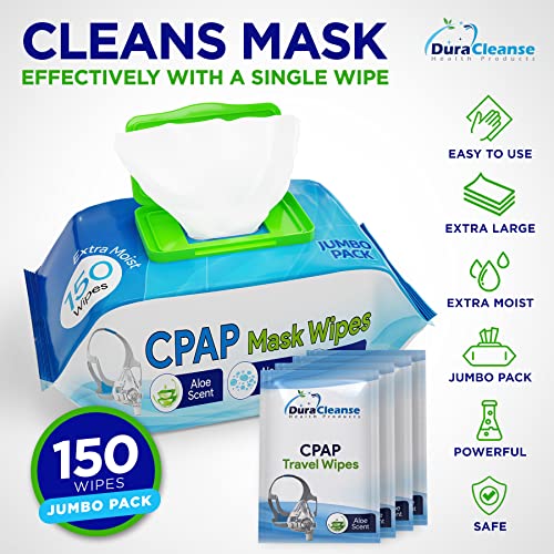 DuraCleanse CPAP Wipes - 150 Count Jumbo Pack + 4 Travel Mask Wipes - Extra Large, Extra Moist Cleaning CPAP Wipes for Mask, CPAP Machine & Supplies - Skin Safe with Aloe Vera