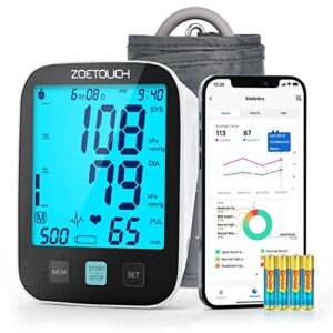 zoetouch bluetooth blood pressure monitors for home use high blood pressure machine, smart automatic upper arm bp monitor large cuff, 500 set memory, battery included,lcd backlit,offline storage