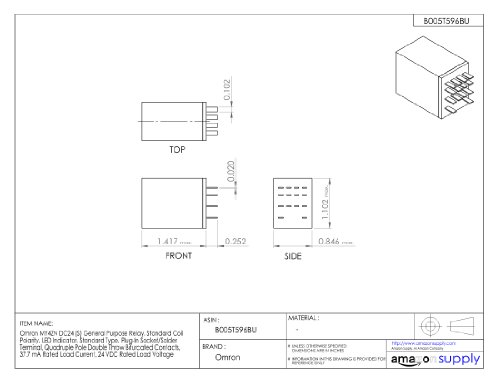 Omron MY4ZN DC24 (S) General Purpose Relay, Standard Coil Polarity, LED Indicator, Standard Type, Plug-In Socket/Solder Terminal, Quadruple Pole Double Throw Bifurcated Contacts, 37.7 mA Rated Load Current, 24 VDC Rated Load Voltage