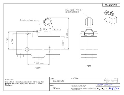 Omron A-20GV22-B General Purpose Basic Switch, High Capacity, Short Hinge Roller Lever, Screw Terminal, 0.5mm Contact Gap, 20A at 250VAC Rated Current