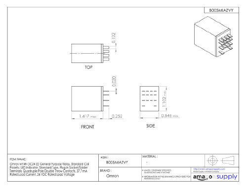 Omron MY4N DC24 (S) General Purpose Relay, Standard Coil Polarity, LED Indicator, Standard Type, Plug-In Socket/Solder Terminals, Quadruple Pole Double Throw Contacts, 37.7 mA Rated Load Current, 24 VDC Rated Load Voltage