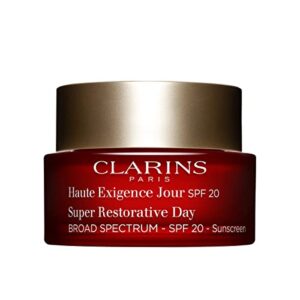 clarins super restorative day cream, broad spectrum spf 20 sunscreen | anti-aging moisturizer for mature skin weakened by hormonal changes | uva/uvb protection | replenishes, illuminates and densifies skin | targets age spots and wrinkles | 1.7 oz