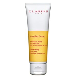 clarins comfort scrub | award-winning | nourishing, oil-infused face scrub with sugar microcrystals | gently exfoliates and soothes | paraben-free | sls-free | mineral oil free | normal to dry skin