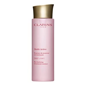 clarins multi-active treatment essence | multi-tasking and anti-aging | visibly smoothes, hydrates, tones and boosts radiance | preps skin for treatments to follow | rich in vitamin c | 6.7 fl oz