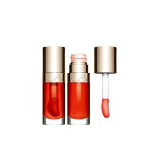 clarins lip comfort oil | soothes, comforts, hydrates and protects lips | sheer, high shine finish | visibly plumps | 93% natural ingredients | organic sweetbriar rose oil, rich in omega-6 and omega-3