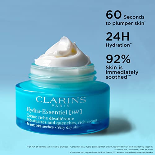 Clarins NEW Hydra-Essentiel Rich Cream|Intensely Hydrating Moisturizer|60 Seconds to Plumper Skin*|Nourishes, Softens and Soothes|Double Dose Hyaluronic Acid|Very Dry Skin Type|1.7 Ounces