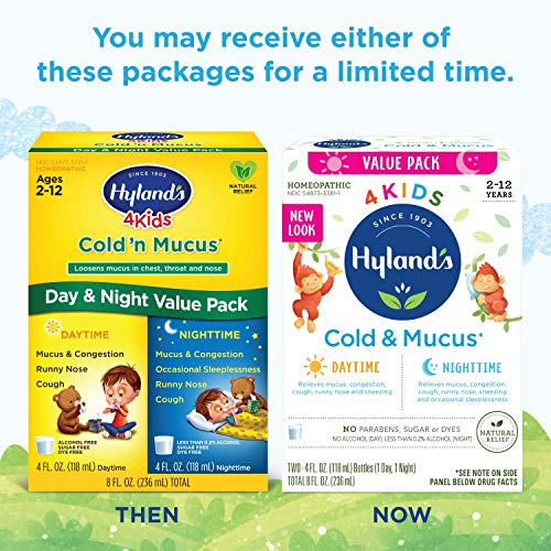 Kids Cold Medicine and Mucus Relief for Ages 2+, Hylands 4 Kids Cold 'n Mucus, Day and Night Value Pack, Syrup Cough Medicine for Kids, Nasal Decongestant and Allergy Relief, 4 Fl Oz (Pack of 2)