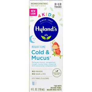 cold medicine for kids ages 2+ by hyland’s, nighttime cold ‘n mucus relief liquid, natural relief of mucus & congestion, runny nose, cough, 4 ounces