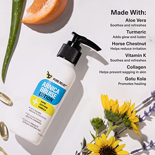 Pure Relief Arnica Cream Bruise Relief Lotion For Bruising And Swelling On Skin | Bruise Cream Extra Strength Vitamin K Cream | Moisturizing Arnica Bruise Formula Skin Care Gel W/Collagen, 4 Fl Oz