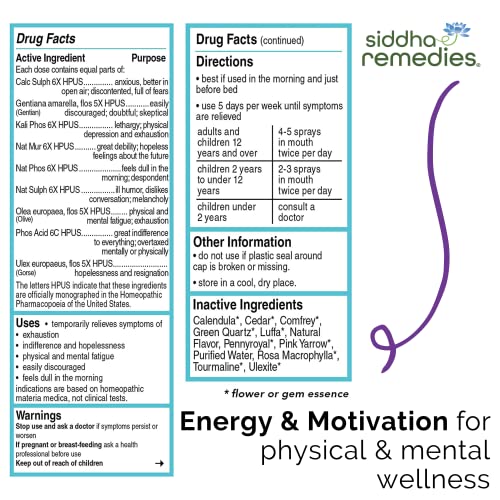 Siddha Remedies Energy & Motivation Spray | 100% Natural Homeopathic Remedy with Traditional Homeopathic Ingredients, Cell Salts and Flower Essences | No Alcohol No Sugar