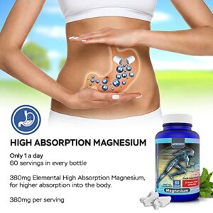 High Absorption Magnesium for Leg Cramps,tensed Muscles, Supports Muscles Function with Vitamins B6, D, E, 380mg Magnesium, 60 Servings