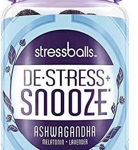 Stressballs, De-Stress + Snooze*, with Melatonin and Ashwagandha to Aid in Sleep and Stress Relief*, Chamomile & Lavender Herbal Blend, Non-Habit Forming Supplement, 46 Gummies