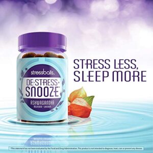 Stressballs, De-Stress + Snooze*, with Melatonin and Ashwagandha to Aid in Sleep and Stress Relief*, Chamomile & Lavender Herbal Blend, Non-Habit Forming Supplement, 46 Gummies