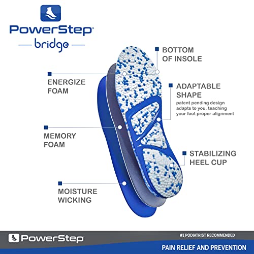 Powerstep Bridge Adaptable Arch Support Insoles, Comfort Memory Foam Inserts, Plantar Fasciitis Relief, Blue & White, Men 4-5.5, Women 5-6.5