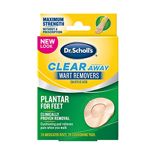 Dr. Scholl’s Clear Away Plantar Wart Remover for Feet, 24 Medicated Discs & 24 Cushioning Pads // Maximum Strength Without A Prescription