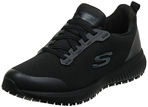 Skechers for Work Women's Squad SR Food Service Shoe, black flat knit, 5.5 M US