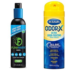 funkaway odor eliminating spray for shoes, clothes and gear (8 oz.) & dr. scholl’s odor-x odor-fighting spray-powder // all-day odor protection and sweat absorption – packaging may vary