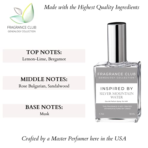 Fragrance Club Genealogy Collection Inspired by Silver Mountain Water for Him, 1.7 oz. EDP, Mens fragrance with Bergamot, Sandalwood, Musk is comparable to Silver Mountain Water by Creed.