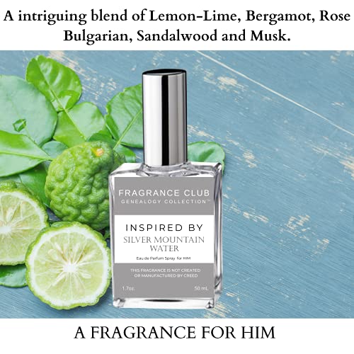 Fragrance Club Genealogy Collection Inspired by Silver Mountain Water for Him, 1.7 oz. EDP, Mens fragrance with Bergamot, Sandalwood, Musk is comparable to Silver Mountain Water by Creed.