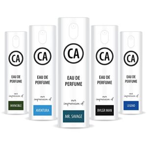 ca perfume 2020 most attractive men  set impression of ( aventura + mr.savage + bvl. man + invincible + legend ) fragrance sample travel size parfum sprayer ( 0.3 fl oz/10 ml) x5