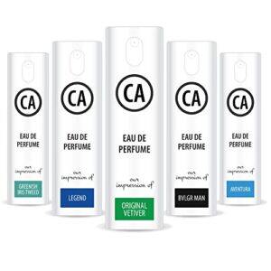 ca perfume niche men set impression of ( aventura + greenish irish tweed + original vetiver + legend + bvl. man ) fragrance sample travel size parfum sprayer ( 0.3 fl oz/10 ml) x5