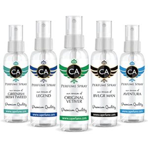 ca perfume niche men set impression of ( aventura + greenish irish tweed + original vetiver + legend + bvl. man ) fragrance sample travel size parfum sprayer ( 2 fl oz/60 ml) x 5