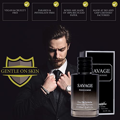 Savage for Men - 3.4 Oz Men's Eau De Toilette Spray - Refreshing & Warm Masculine Scent for Daily Use Men's Casual Cologne Includes NovoGlow Carrying Pouch Smell Fresh All Day A Gift for Any Occasion