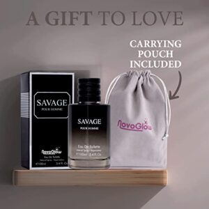 Savage for Men - 3.4 Oz Men's Eau De Toilette Spray - Refreshing & Warm Masculine Scent for Daily Use Men's Casual Cologne Includes NovoGlow Carrying Pouch Smell Fresh All Day A Gift for Any Occasion