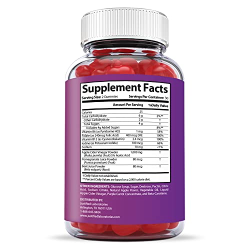 Justified Laboratories (5 Pack) Keto Max ACV Gummies 1000MG with Pomegranate Juice Beet Root B12 300 Gummys