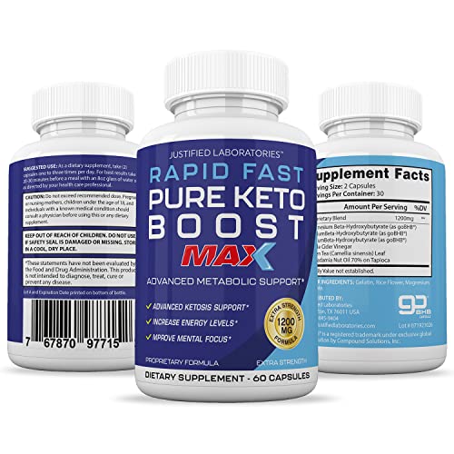 Rapid Fast Pure Keto Boost Max 1200MG Keto Pills Advanced BHB Ketogenic Supplement Exogenous Ketones Ketosis for Men Women 60 Capsules 2 Bottles 60 Day Supply